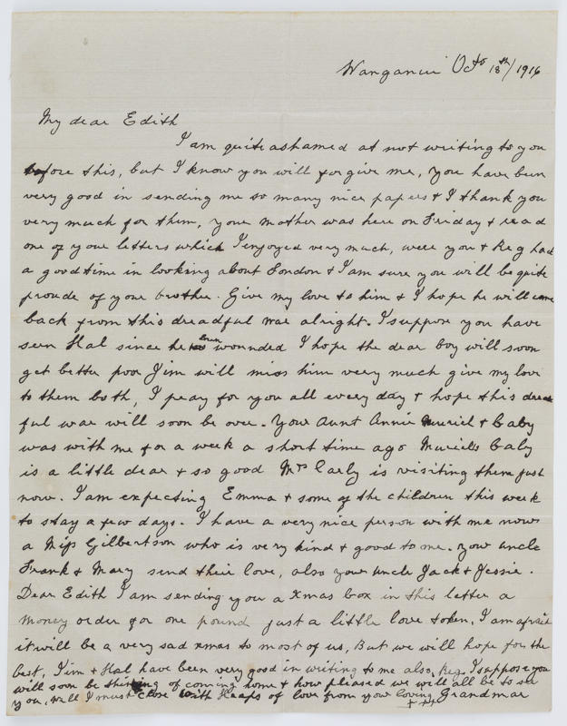 Letter to EMC written by her NZ Grandmother Emma Mary Parkes, dated 18 ...